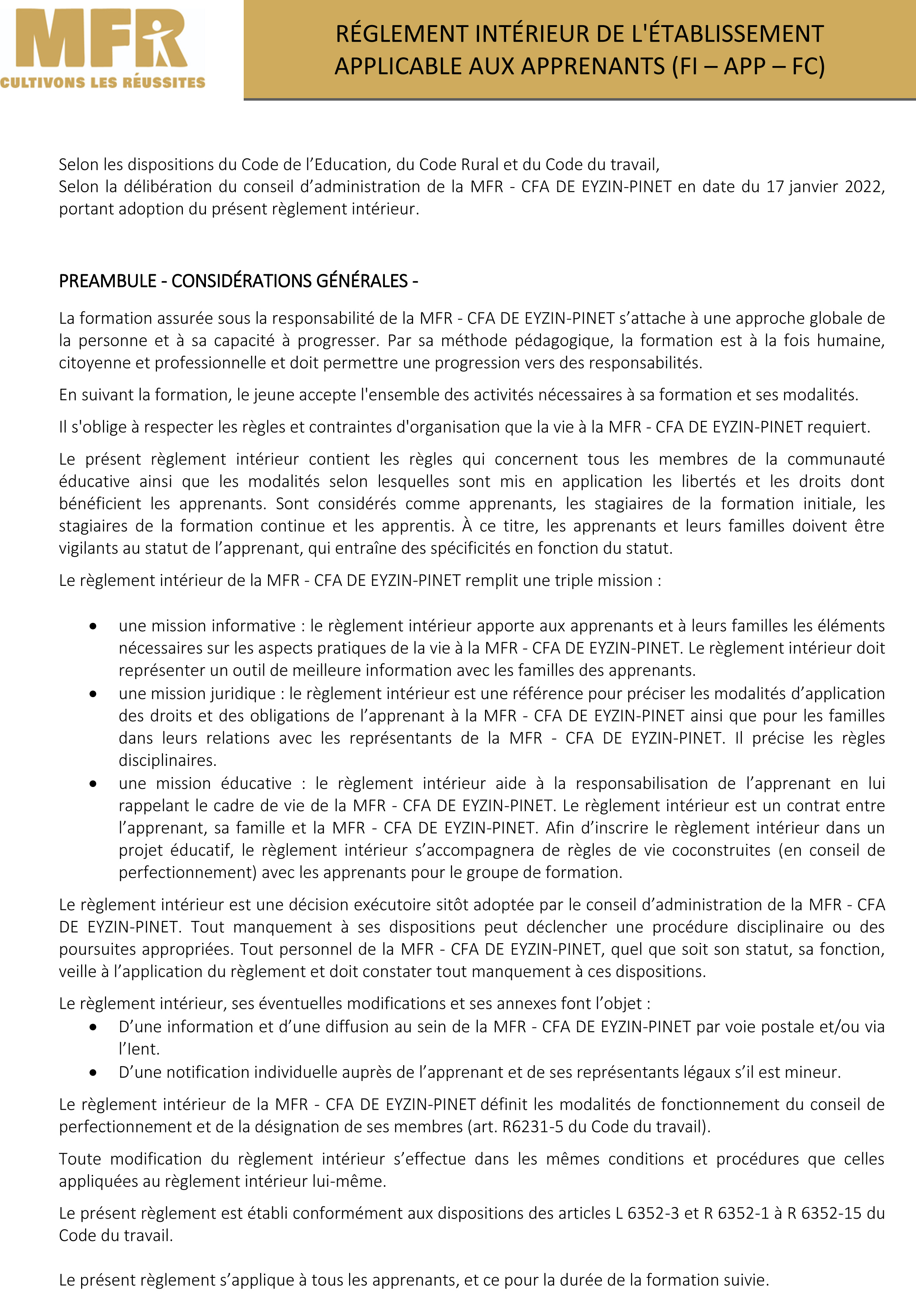 MFR Chaumont : Règlement intérieur